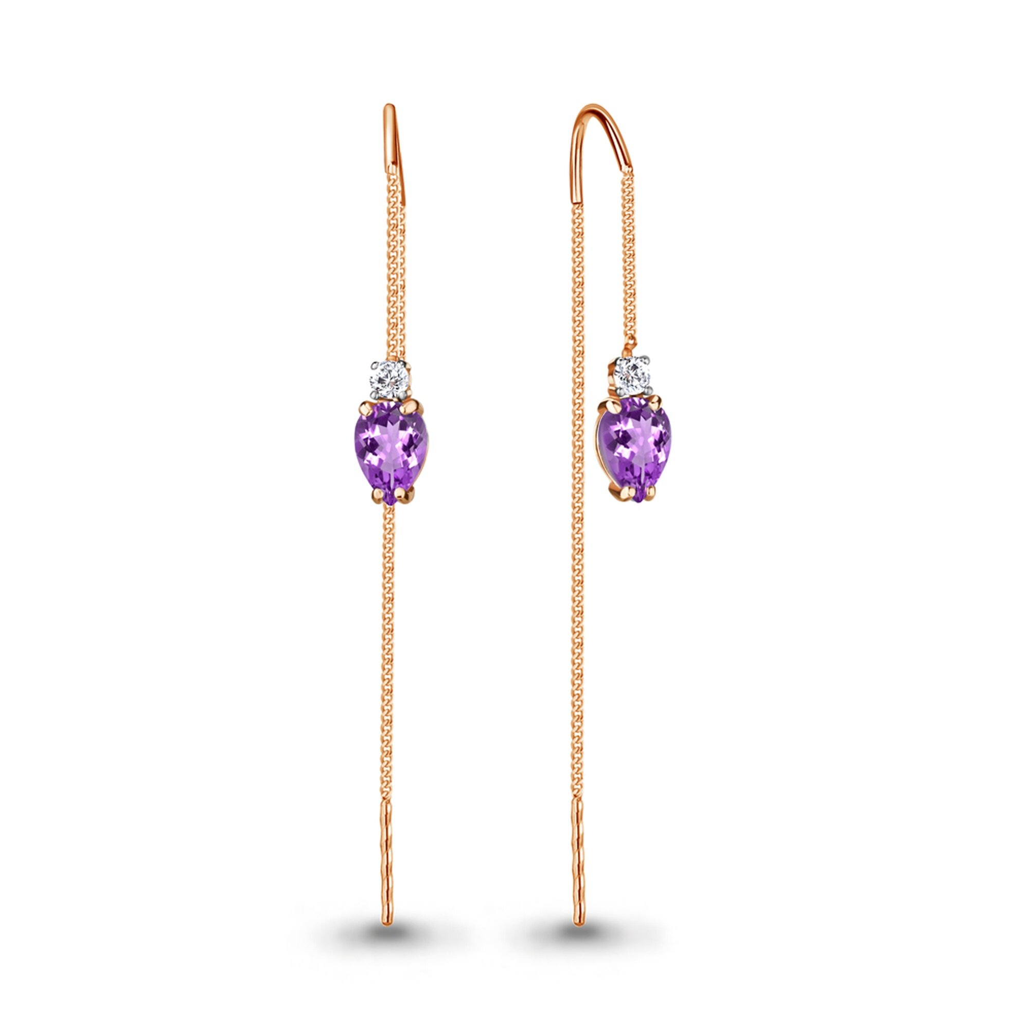 Серьги цепочки, серебро, 925 проба, золочение, аметист, фианит