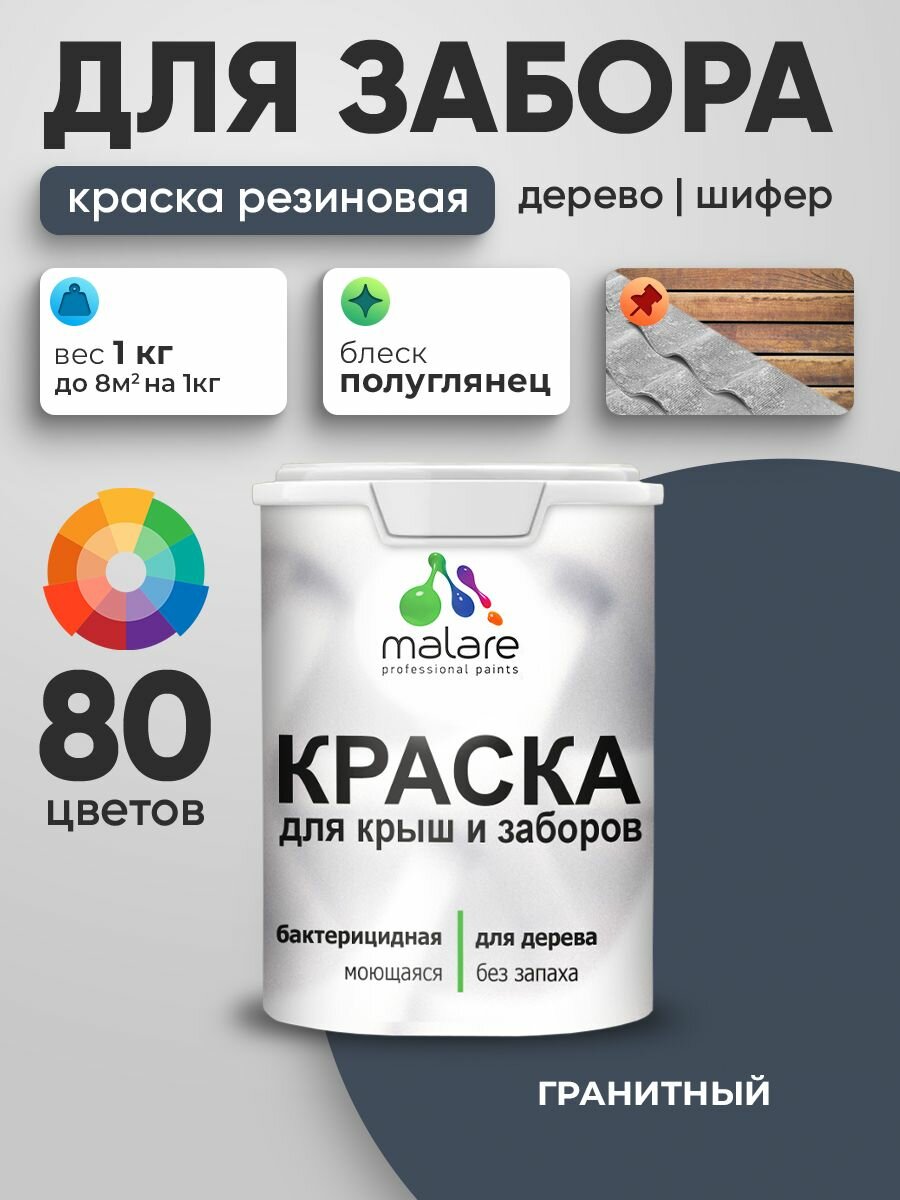 Резиновая краска Malare для деревянного забора/ по дереву для наружных и внутренних работ/ быстросохнущая моющаяся без запаха полуглянцевая, гранитный, 1 кг.