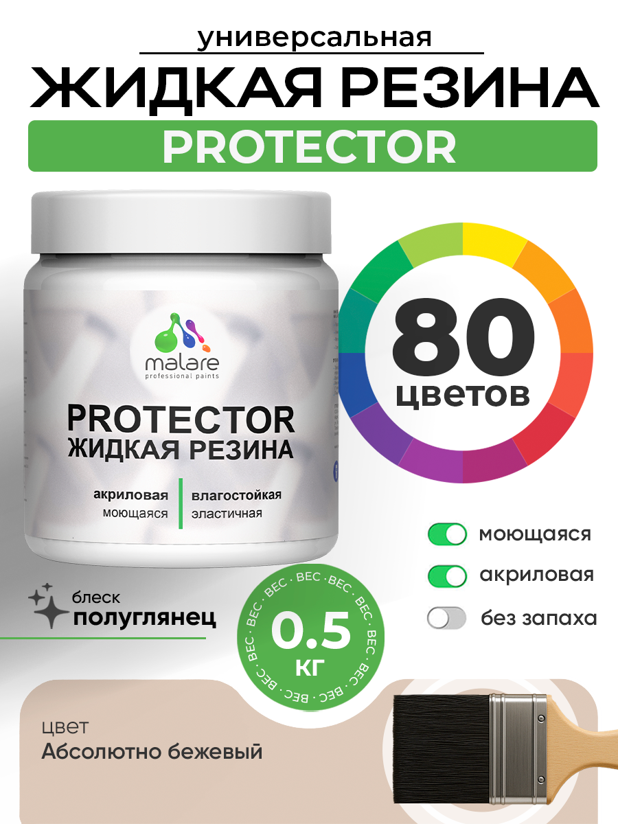 Жидкая резина Malare PROTECTOR, эластичная резиновая краска для внутренних и наружных работ, универсальная для дерева, бетона, металла, быстросохнущая, влагостойкая, полуглянцевая, абсолютный бежевый, 0.5 кг