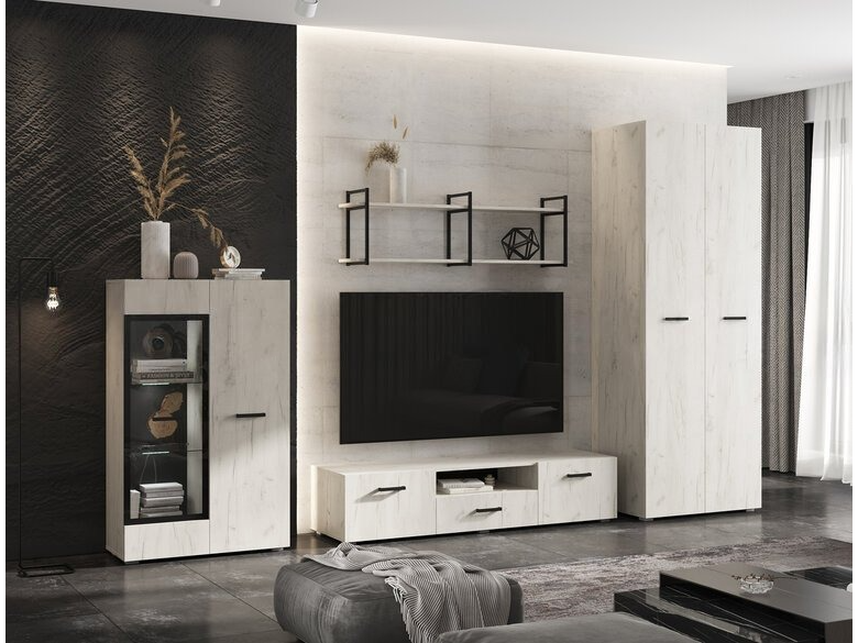 Гостиная, в стиле лофт, из ЛДСП, шариковые направляющие, Дуб крафт белый