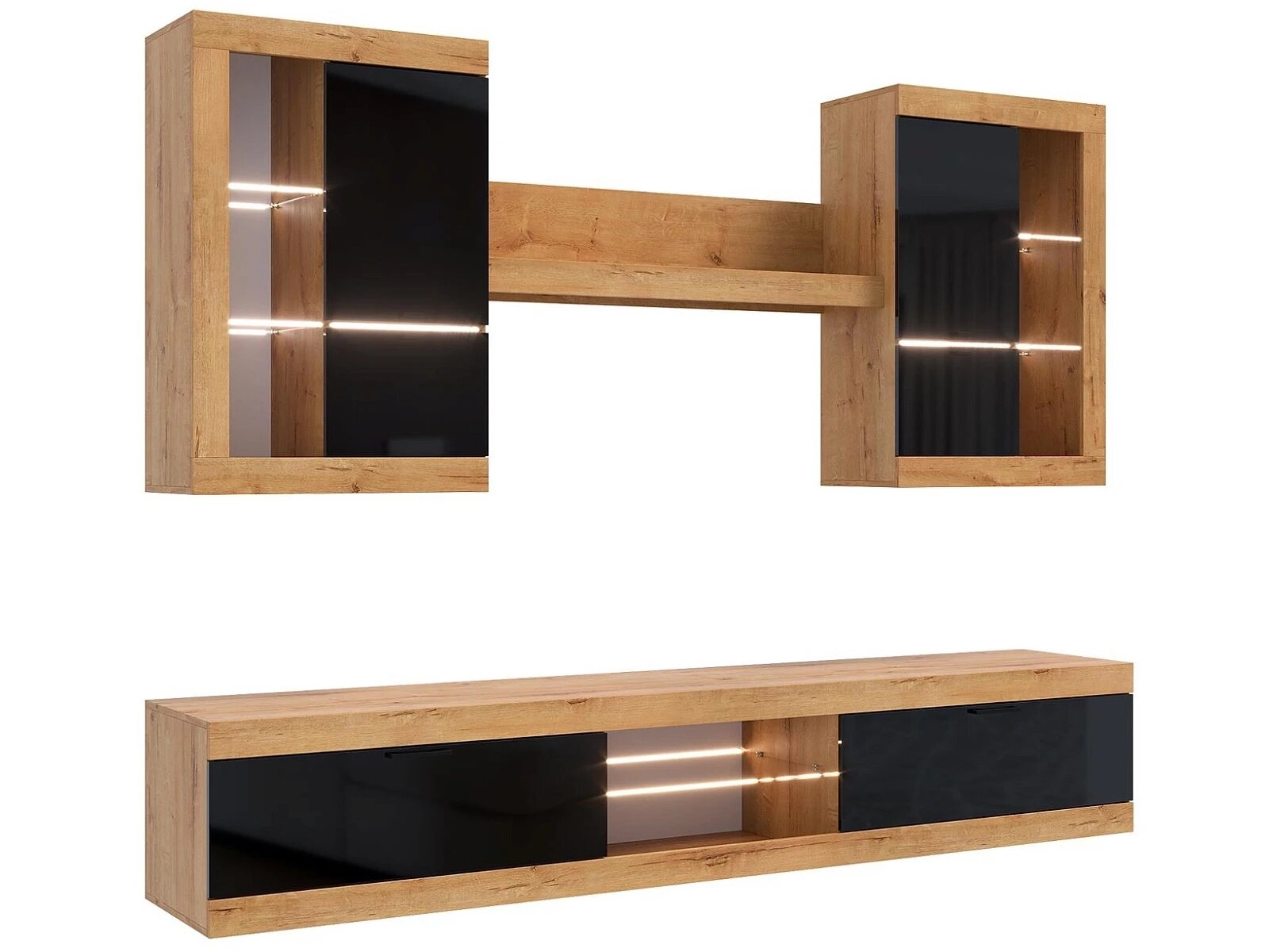 Модульная Гостиная, вариант №3, с подсветкой, Дуб Вотан/Черный глянец