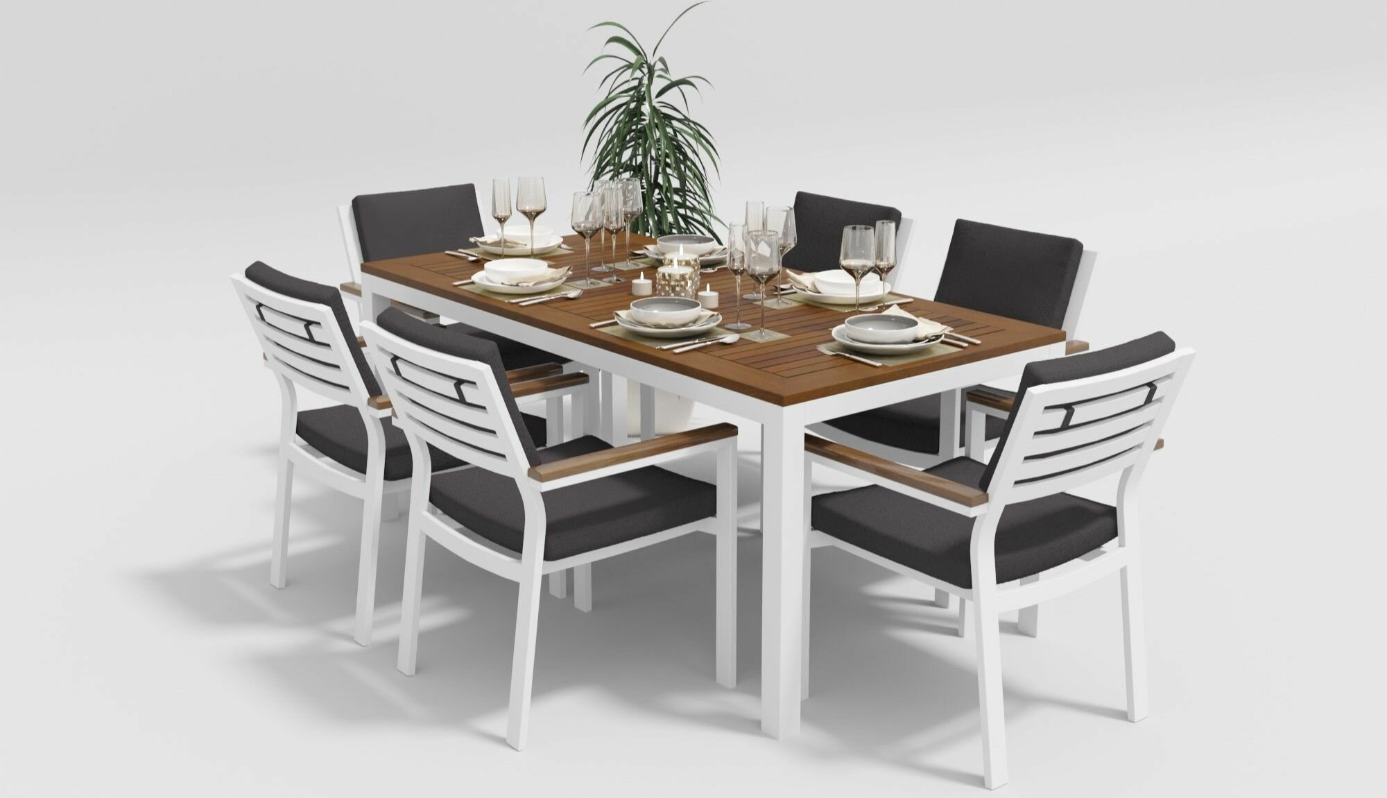 Обеденная группа Гарденини Белла 180x90 С4(Обеденная группа Gardenini BELLA 180x90 С4) каркас белый/подушки антрацит/столешница тик
