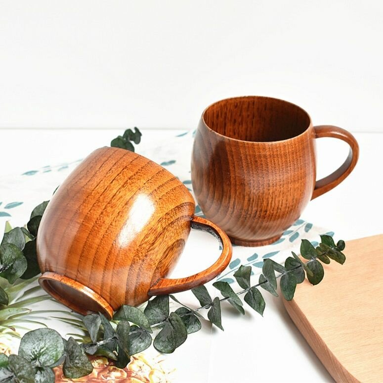 Кружка чашка - 2 шт из натурального дерева с ручкой объем 250 мл для горячих и холодных напитков
