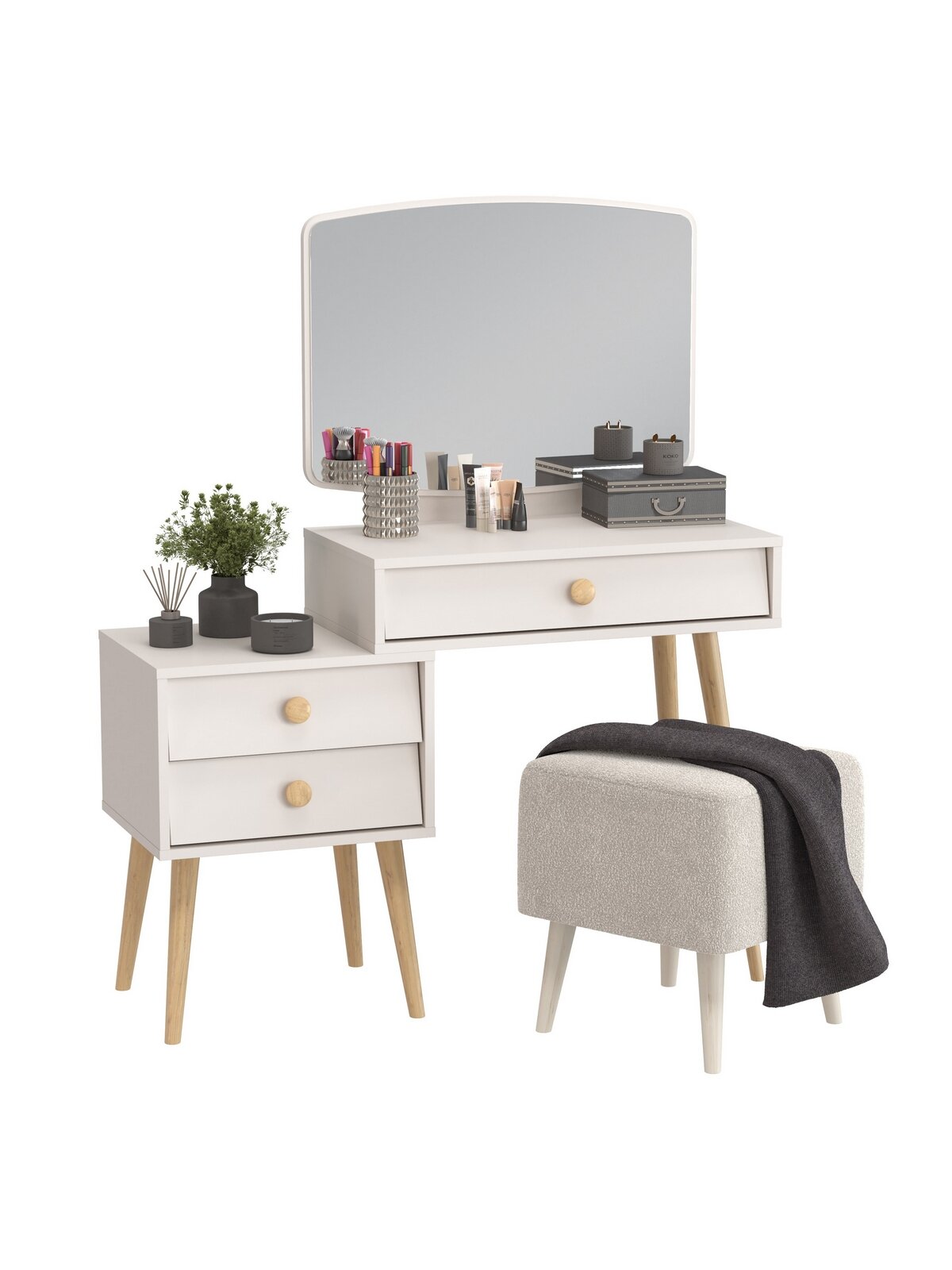 Трюмо для спальни Афина и банкетка квадратная Куби, кашемир серый/ткань молоко, 105х38,6х129 + 41х41х45 см.