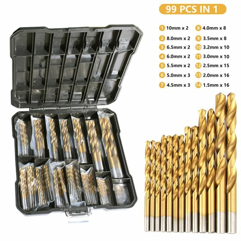Набор титановых спиральных сверл, 99 шт, обычные наконечники против ходьбы, высокоскоростные стальные сверла из быстрорежущей стали, набор