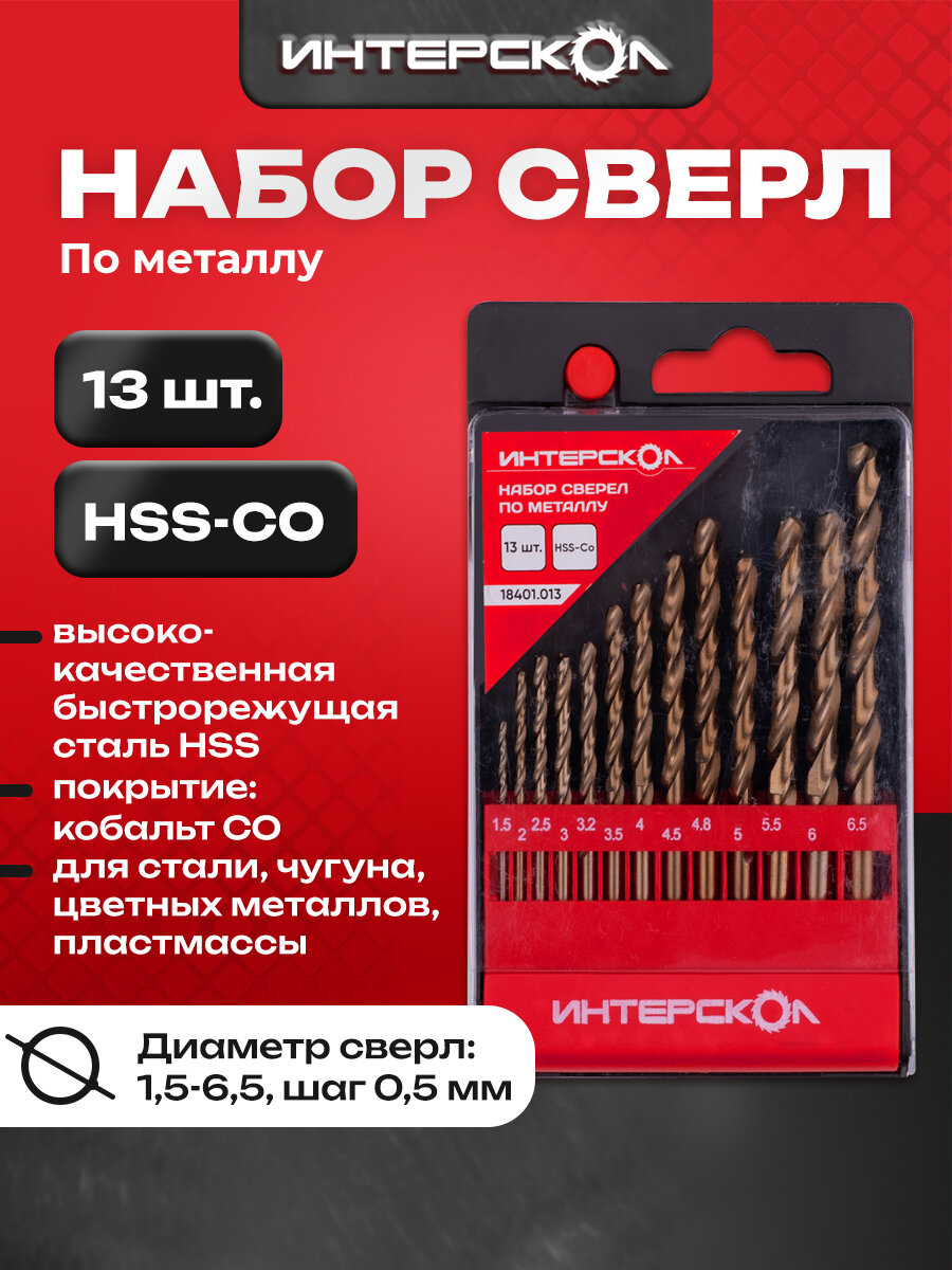 Набор сверел по металлу HSS-CO 13 шт, 1.5-6.5, 18401.013, Интерскол