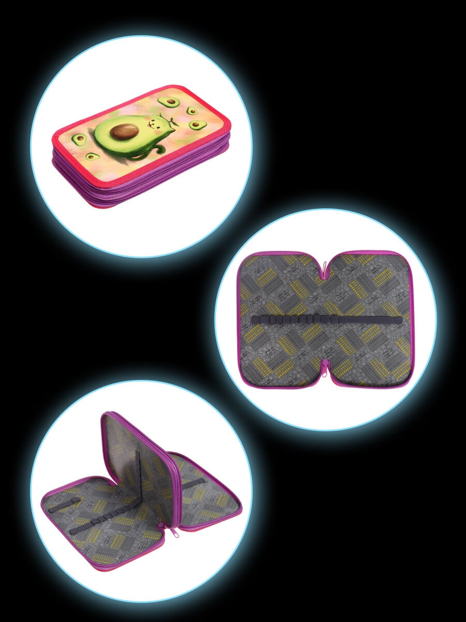 Пенал 2 секции, 125 х 205 х 40 мм, Calligrata 30П26/2 "Авокадо-кот", ламинированный картон