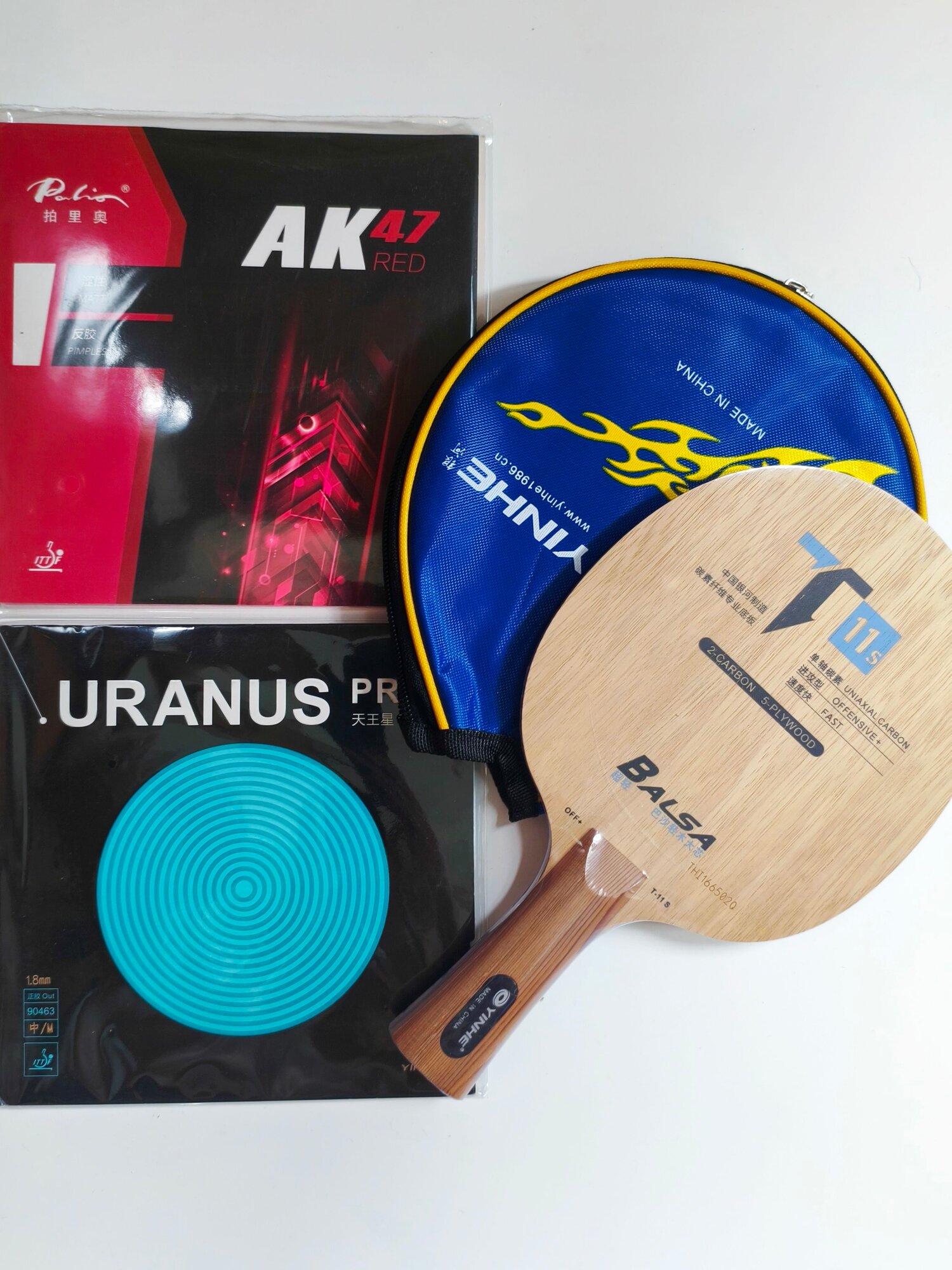 Короткие шипы + атакующая накладка Yinhe Balsa T11s + Uranus pro + Palio AK47 red