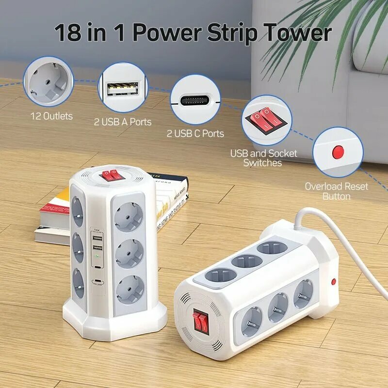 Сетевой фильтр куб, 2500 Вт с предохранителем 12 розеток с 2 USB и 2 Type-C, кабель 1.8м, заземление Защита от перегрузки