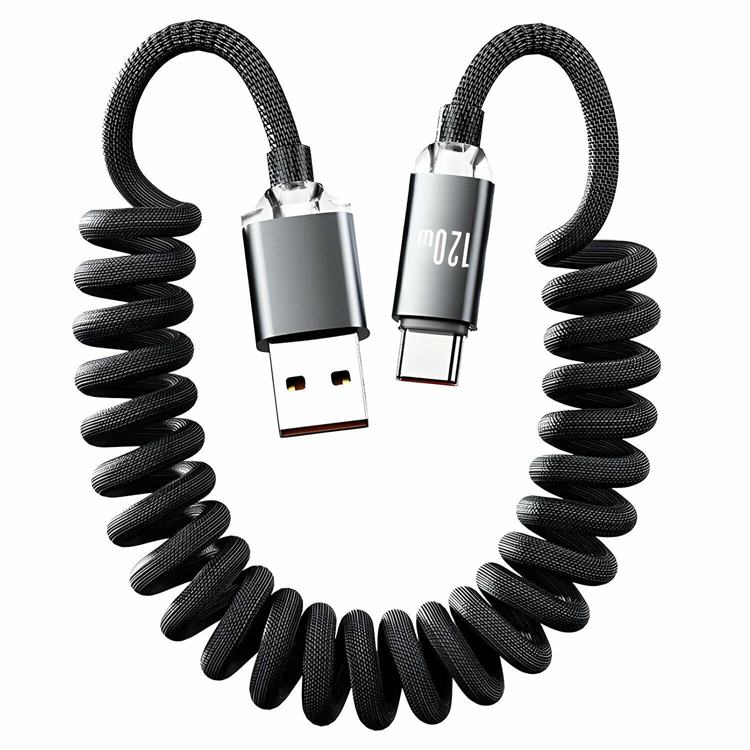 Выдвижной кабель USB Type C, 120 Вт, шнур для быстрой зарядки данных, пружинный автомобильный зарядный кабель Type-C для Samsung Xiaomi iPhone Huawei 2 м, USB A to C