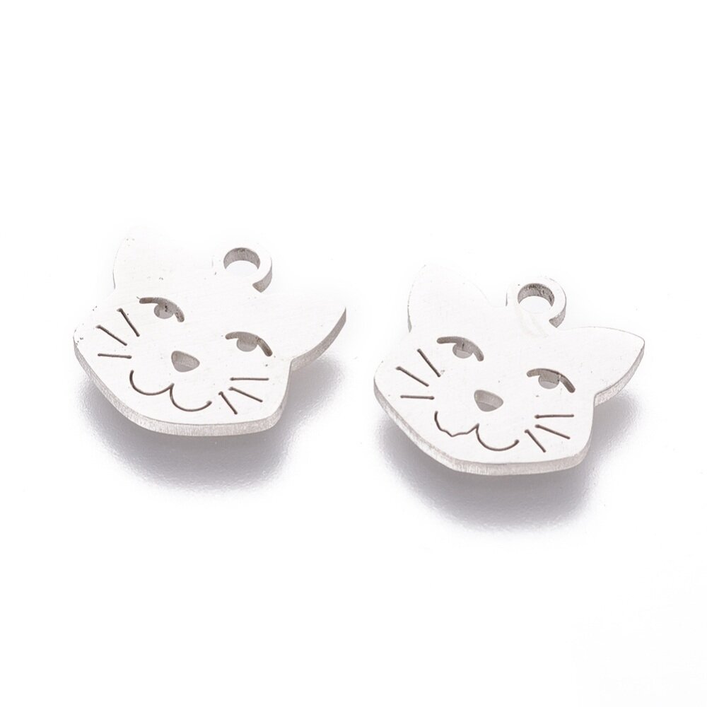 Подвеска, 12х12х1мм, голова кота, базовый материал - нержавеющая сталь, без покрытия, 5 шт.
