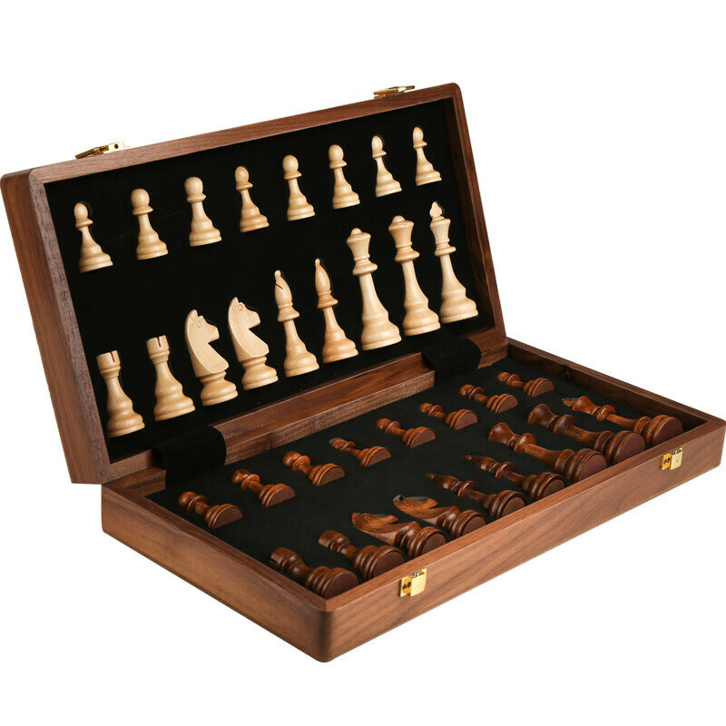 Zihu International Chess High-Quality Walnut Solid Wood Large-Sized Teaching Training Competition Chess Pieces And Board Set, with 2 Queens Included