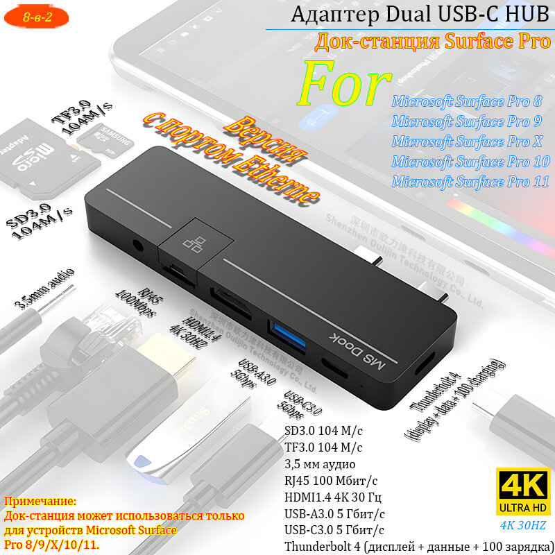 Док-станция USB-C для Surface Pro 11/10/X/9/8, 4K HDMI, Thunderbolt 4, Ethernet, кардридер SD/TF