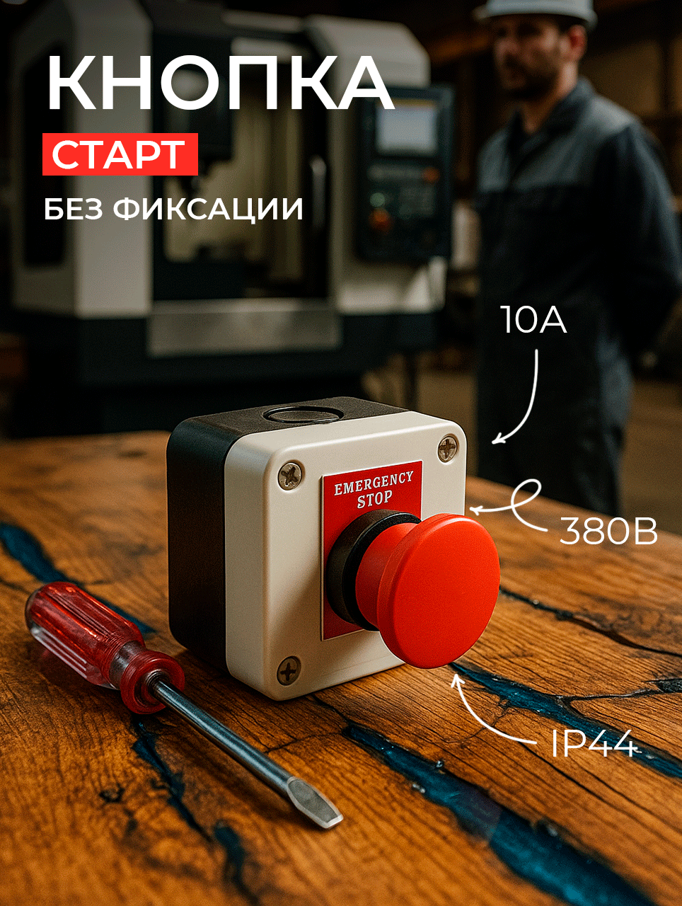 Аварийная кнопка стоп грибок без фиксации 380В 10А