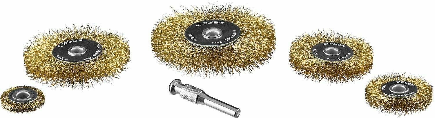 Набор дисковых щеток-крацовок ЗУБР, 25/40/55/63/78 мм, витая латунированная сталь, для дрели 3521-H5_z02