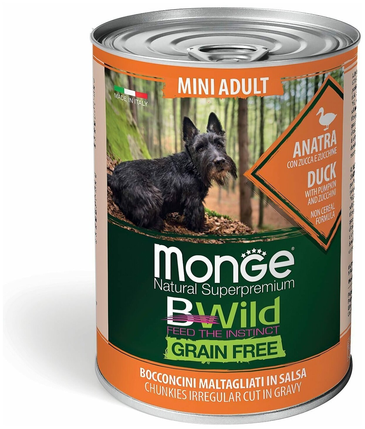 Monge Dog BWild GRAIN FREE Mini для взрослых собак мелких пород беззерновые из утки с тыквой и кабачками 400г
