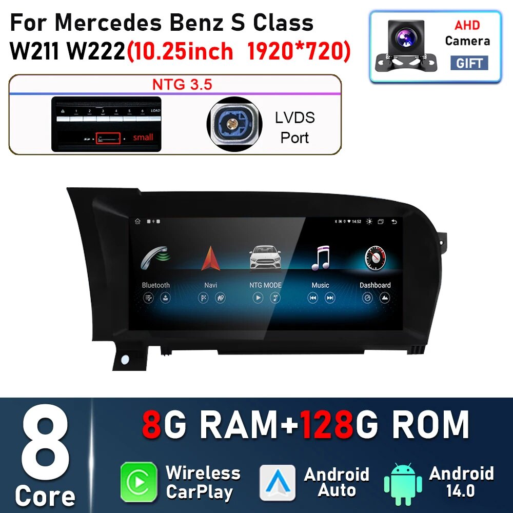 Автомобильный мультимедийный беспроводной Android AUTO CarPlay 10,25-дюймовый экран-защелка для Mercedes Benz S Class W221 W222 NTG3.0 3,5 видеоплееры NTG3.5 8G 128G cam