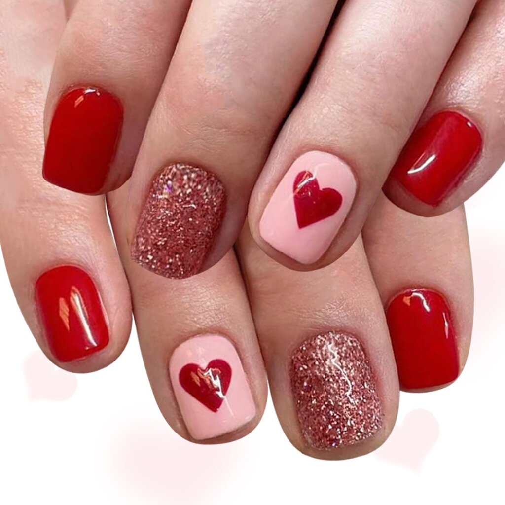 24Pieces Valentines Red Glitters Ombres Heart Glossy Square Press On Nail Romantics Design For Party Date Night