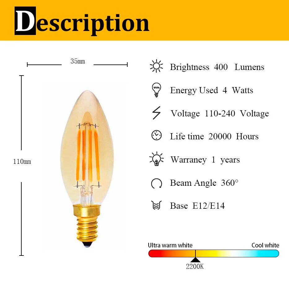 Светодиодная лампа Эдисона Genixgreen 220В C35G 4W E12E14, 220V