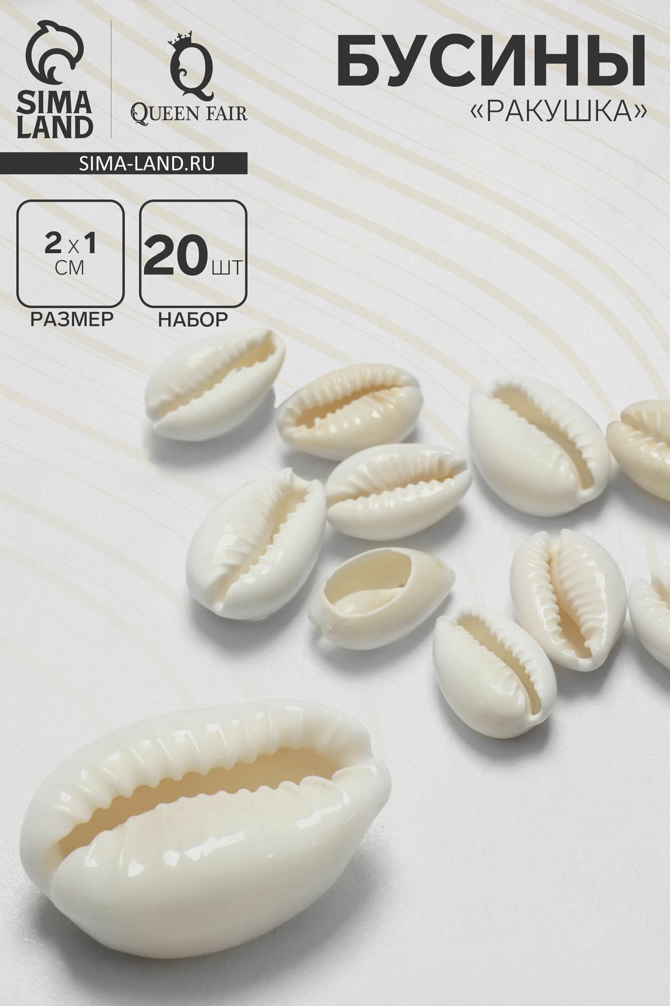 Бусины для творчества "Ракушка", 2x1 см, необычная,14-18 мм, набор 20 шт, белые