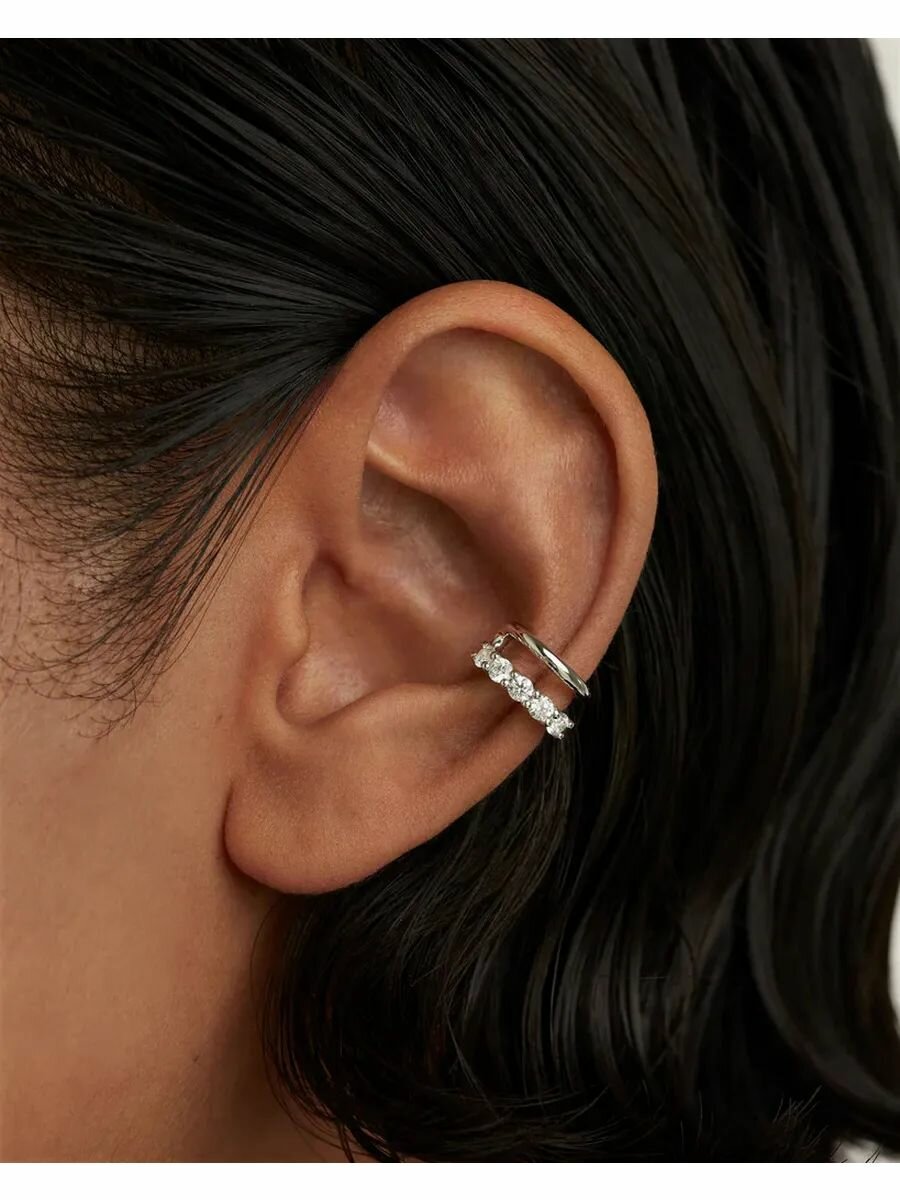 Серьги каффы, серебро, 925 проба, фианит