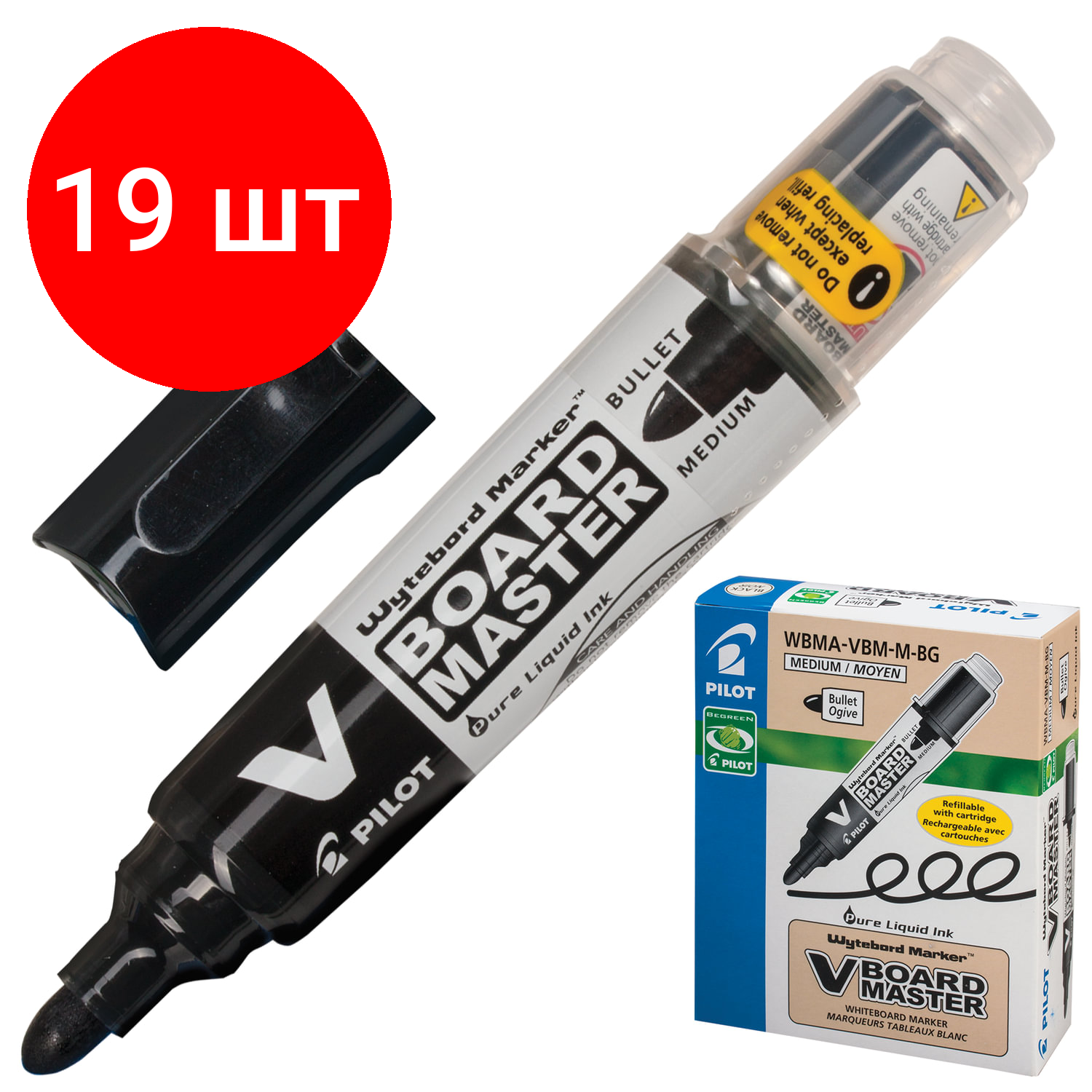 Комплект 19 шт, Маркер для доски PILOT "V-BOARD MASTER", черный, круглый наконечник, 4 мм, WBMA-VBM-M, WBMA-VBM-M B