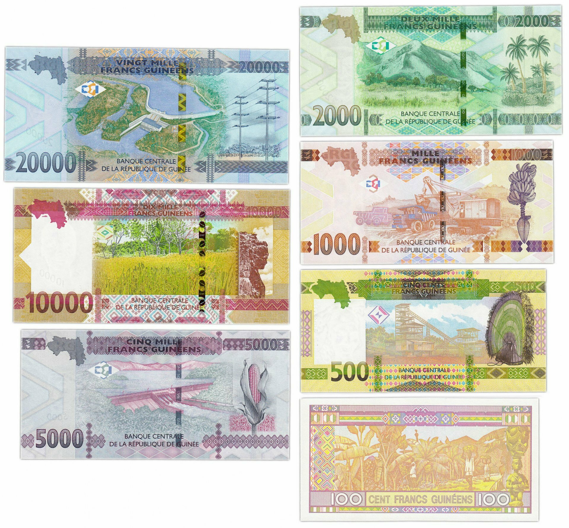 Гвинея - полный набор 7 банкнот - 100, 500,1000, 2000, 5000, 10000, 20000 франков 1998 - 2021 год