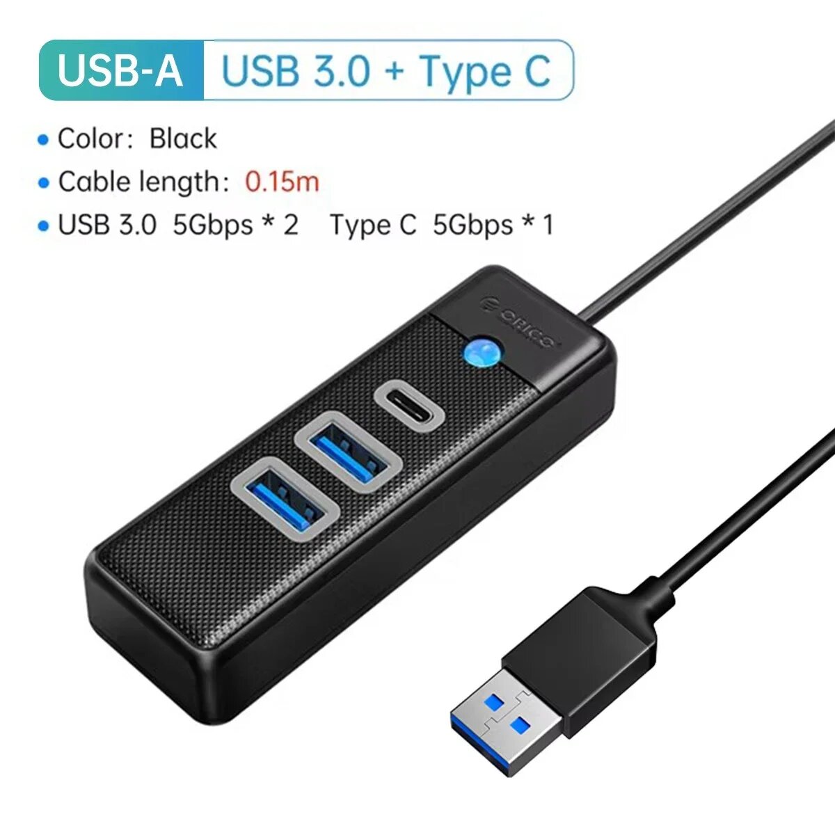 ORICO USB 3.0 концентратор 4 порта 3 USB A 15cm Black