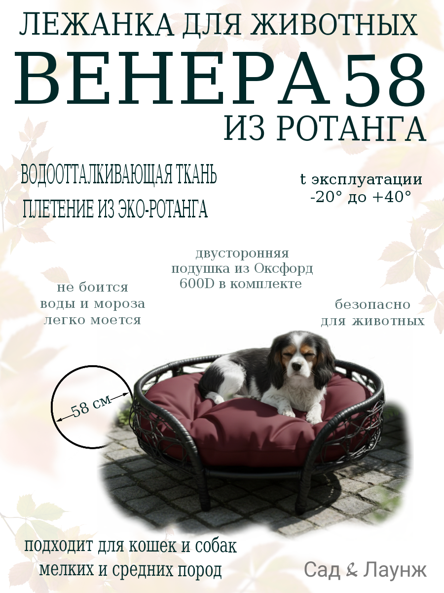 Лежанка «Венера Ø 58 см» для кошек и собак чёрная: ротанговое плетение, бортики, подушка бордовая