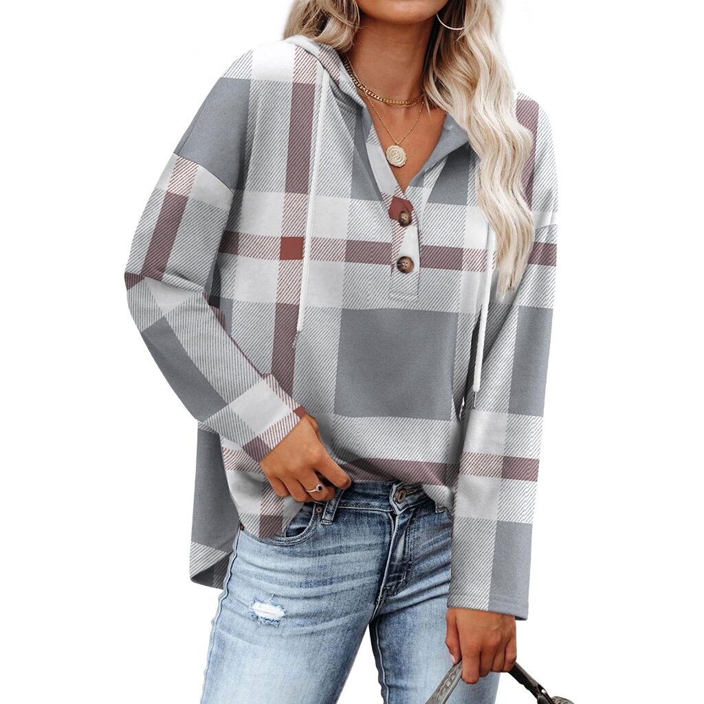 Женская толстовка с V-образным вырезом и пуговицами, свободный пуловер, рубашка с длинными рукавами, осенний топ-серый-XXXL