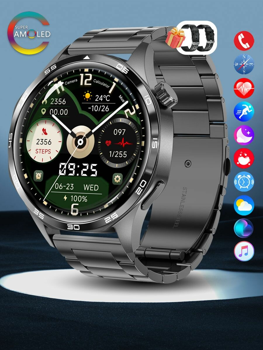 Cмарт часы круглые smart watch, с компасом,1.53'AMOLED, с функцией вызова по Bluetooth, Фитнес браслет, Мониторинг здоровья,3 ремешок