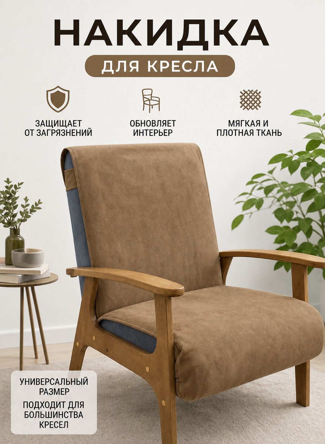 Чехол накидка на кресло универсальный из мягкого велюра защита и обновление мебели