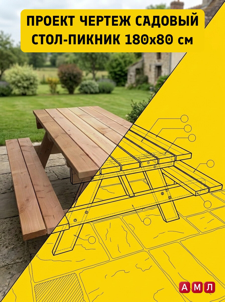 Проект чертеж садовый стол-пикник с лавками деревянный 180x80 см - скачать и распечатать чертежи с размерами, пошаговая и поэтапная схема сборки