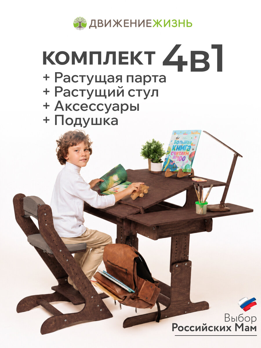 Парта растущая с аксессуарами, парта, растущий стул, с подушкой, аксессуары для парты, окрашен маслом и воском в цвет тёмный орех