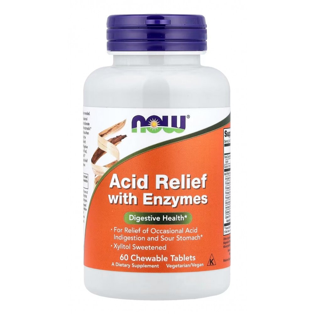 NOW Acid Relief with Enzymes, 60 жевательных таблеток