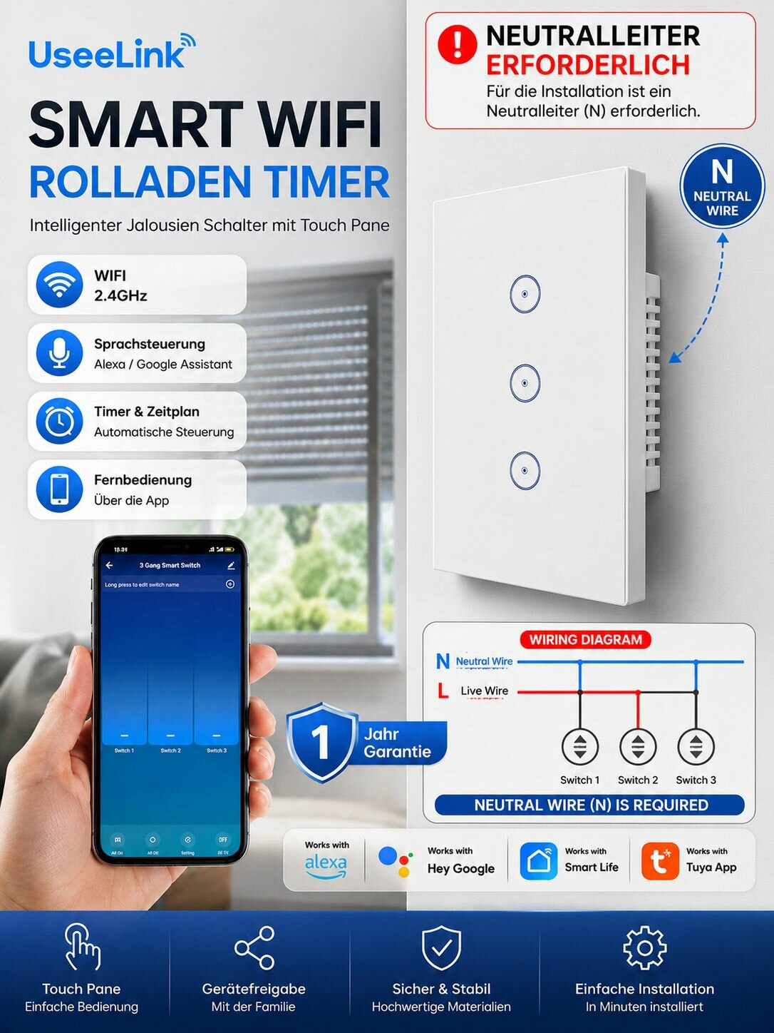 WiFi выключатель света UseeLink на 3 клавиши совместим с Smart Life Alexa Google требуется нулевой провод 1 упаковка