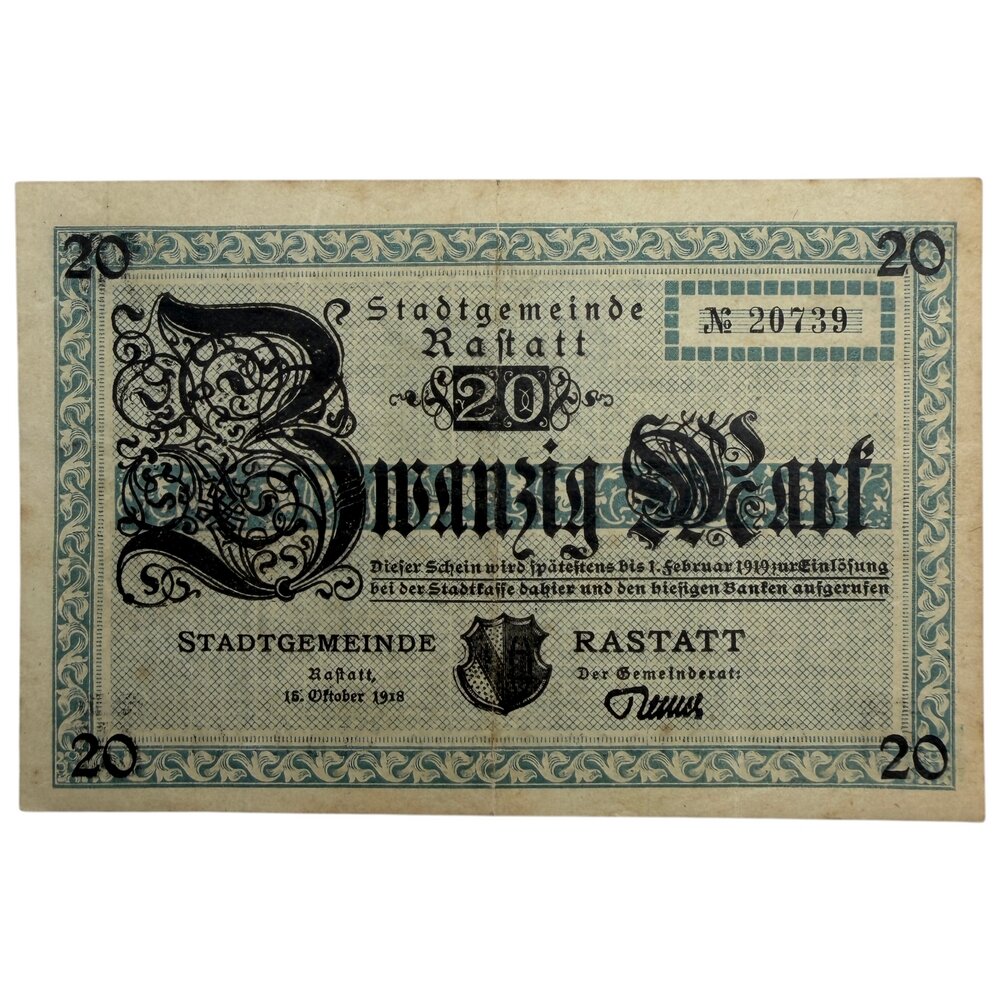 Германия (Германская империя) Раштатт 20 марок 1918 г.