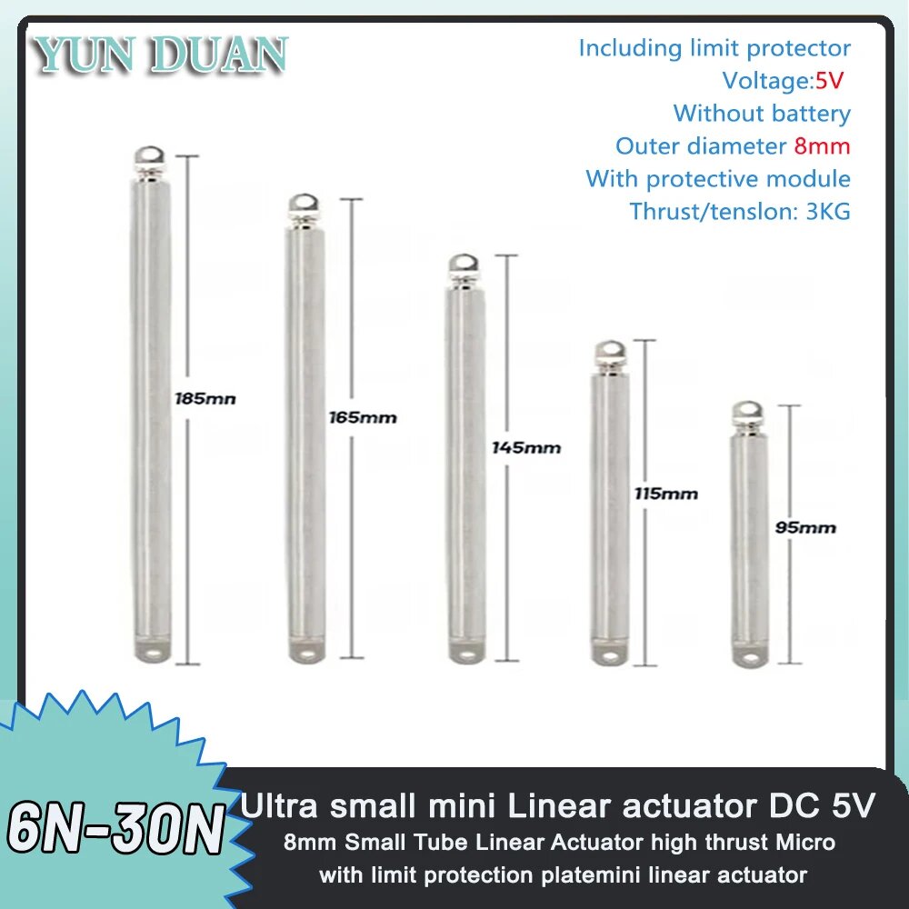 Линейный актуатор YUN DUAN 8 мм, металлический, электрический, 5В, 3 30mm Stroke, Thrust--30N 3mm-s