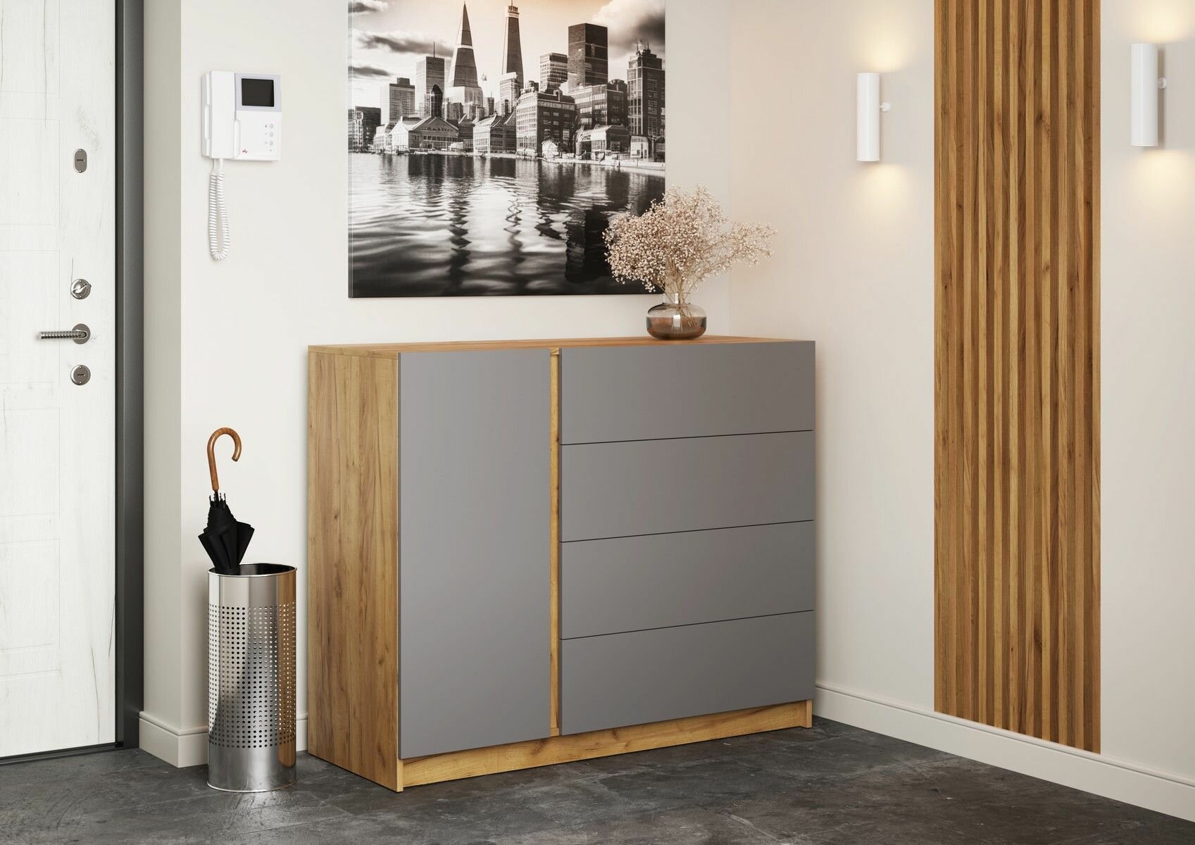 Комод для одежды с ящиками Дуб Крафт золотой/Фасад ЛДСП Серый Шифер, Бостон, 120х47,7х99,5 см Стиль