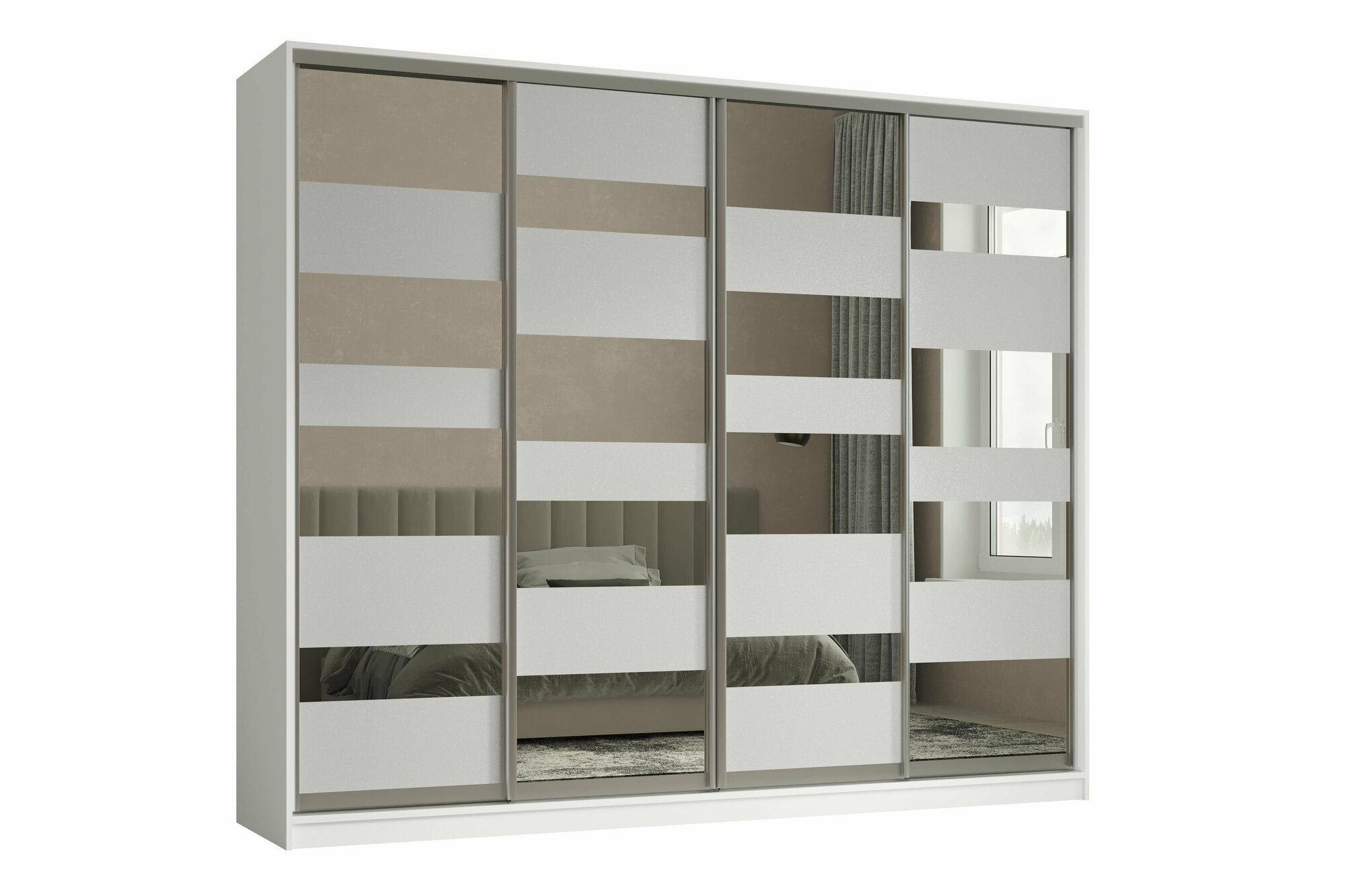 Шкаф купе, для одежды Дарден 4, Легкомаркет, с зеркалом серебро и пескоструйным рисунком, 260х60х240, белье/платье/платье, белый, профиль серебро