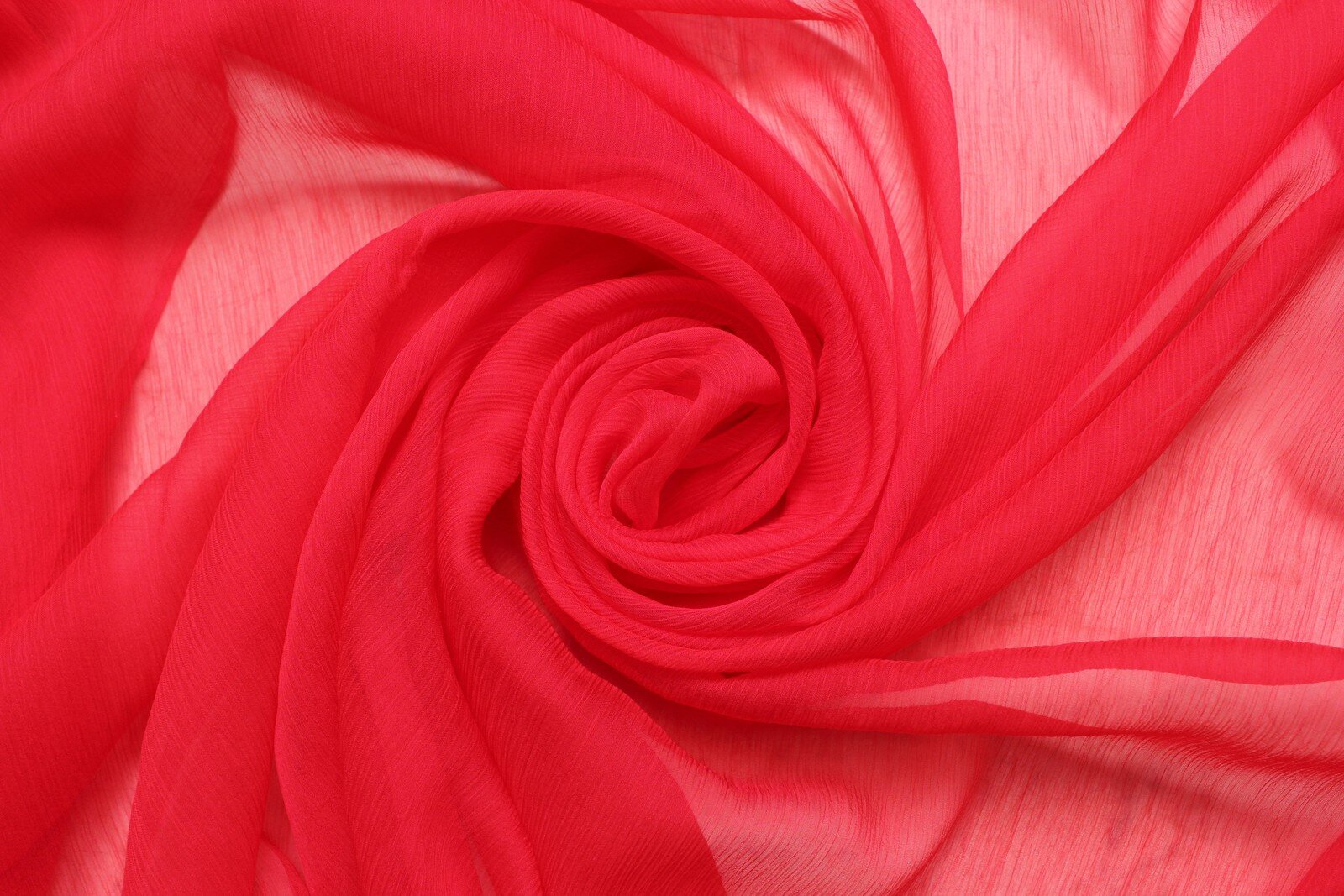 Ткань Шёлковый шифон-креш ярко-кораллово-алый, ш132см, 0,5 м