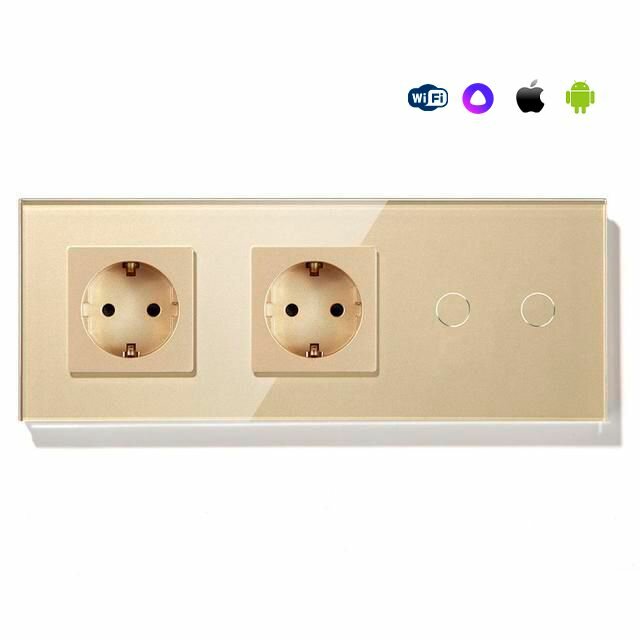 Сенсорный выключатель двухклавишный с двойной розеткой MVAVA Wi-Fi, умный, с Алисой, для умного дома, с подсветкой, стекло, с заземлением, золотой