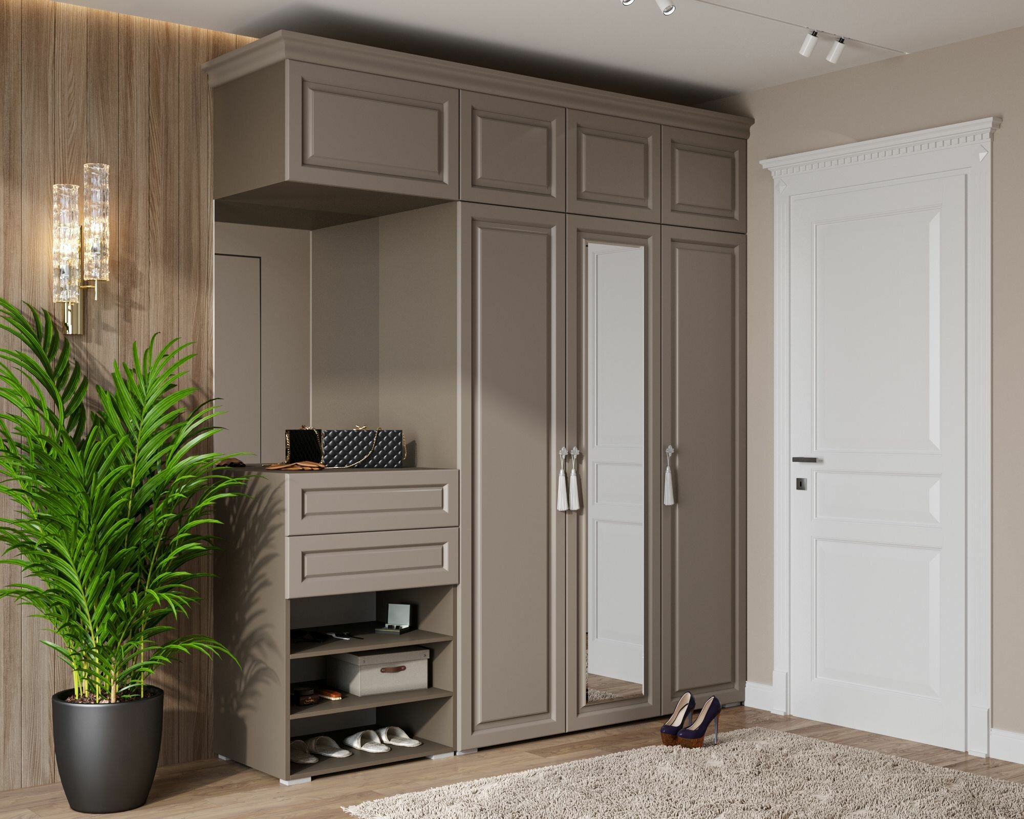 Шкаф распашной в прихожую для одежды "Женева 12" 220х240х52 Бежевый дымчатый / Айрон