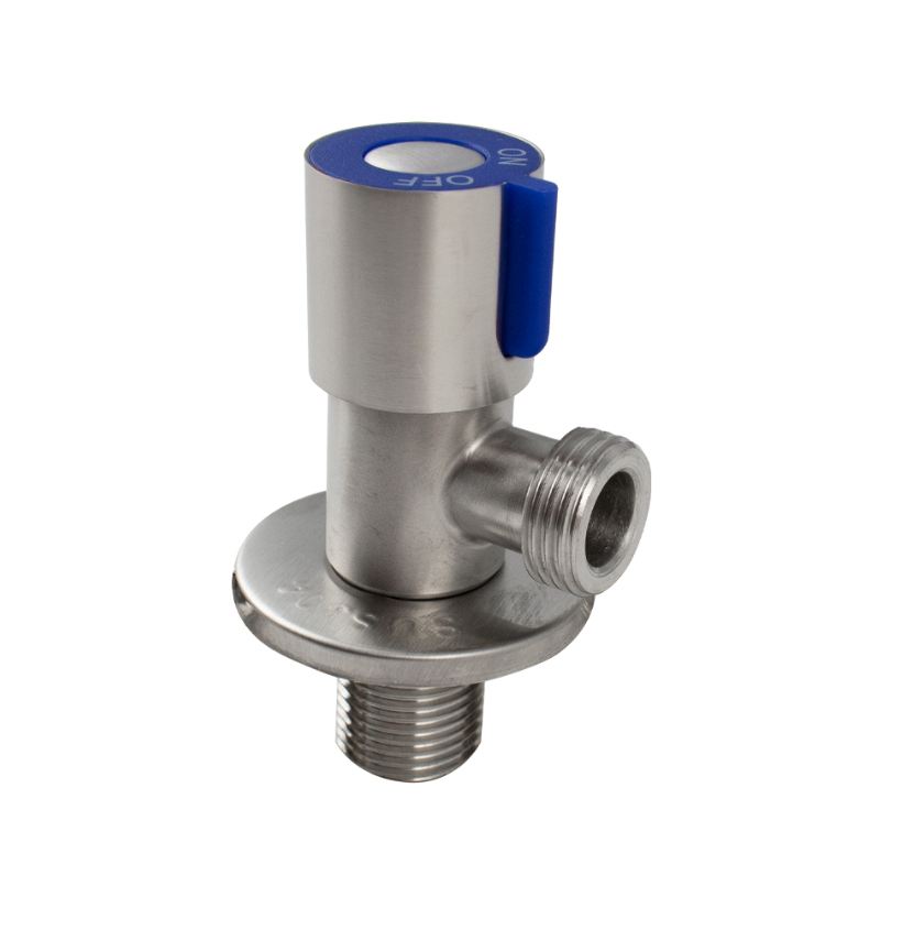 Кран металлокерамика угловой 1/2"х1/2", синяя ручка, с отражателем, из нержавеющей стали марки 304