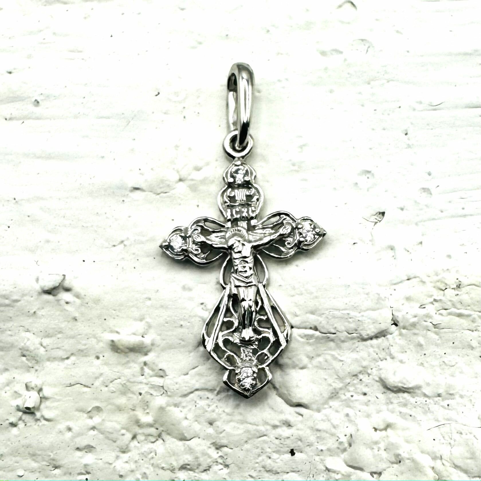 Крестик, серебро, 925 проба, родирование, фианит