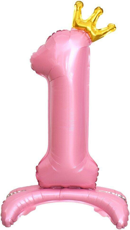 Шар (32'/81 см) Цифра, 1 Золотая корона, на подставке, Розовый, 1 шт. в упак.