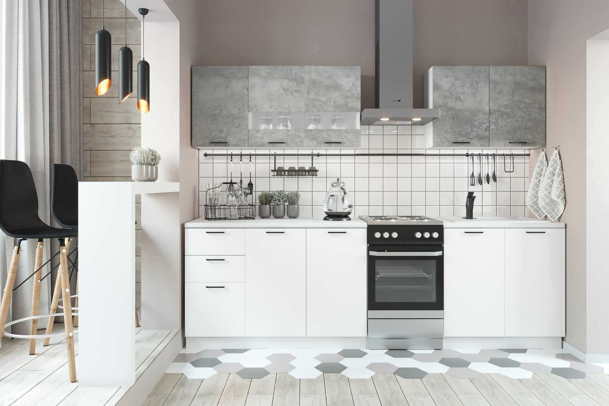 Кухня «Дуся» комплект 2.0 Белый бриллиант низ/Цемент верх (ДСВ мебель, ручки, со столешницей, 2 метровая, готовая)