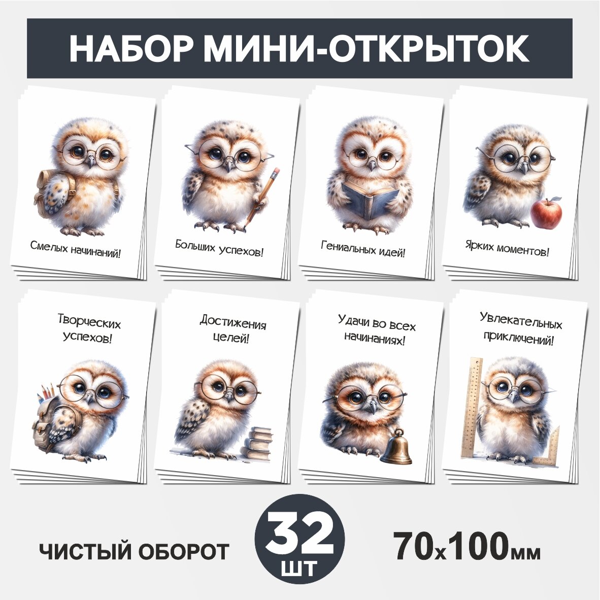 Набор мини-открыток 32 шт, 70х100мм, для подарков выпускнику, 1 сентября, День Рождения, Школьная сова #444- №1, postcard_32_school_owls_#444_set_1