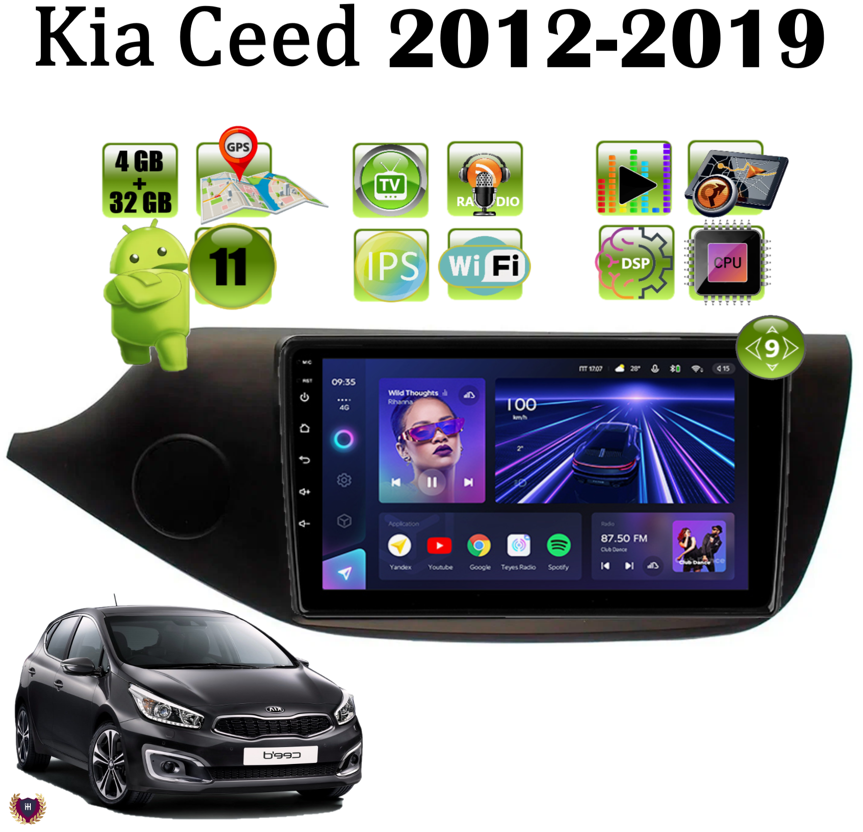 Автомагнитола для Kia CEED (2012-2019) матовая, Android 11, 4/32 GB, GPS, Bluetooth, WiFi, IPS экран, FM, сенсорные кнопки, поддержка кнопок на руле