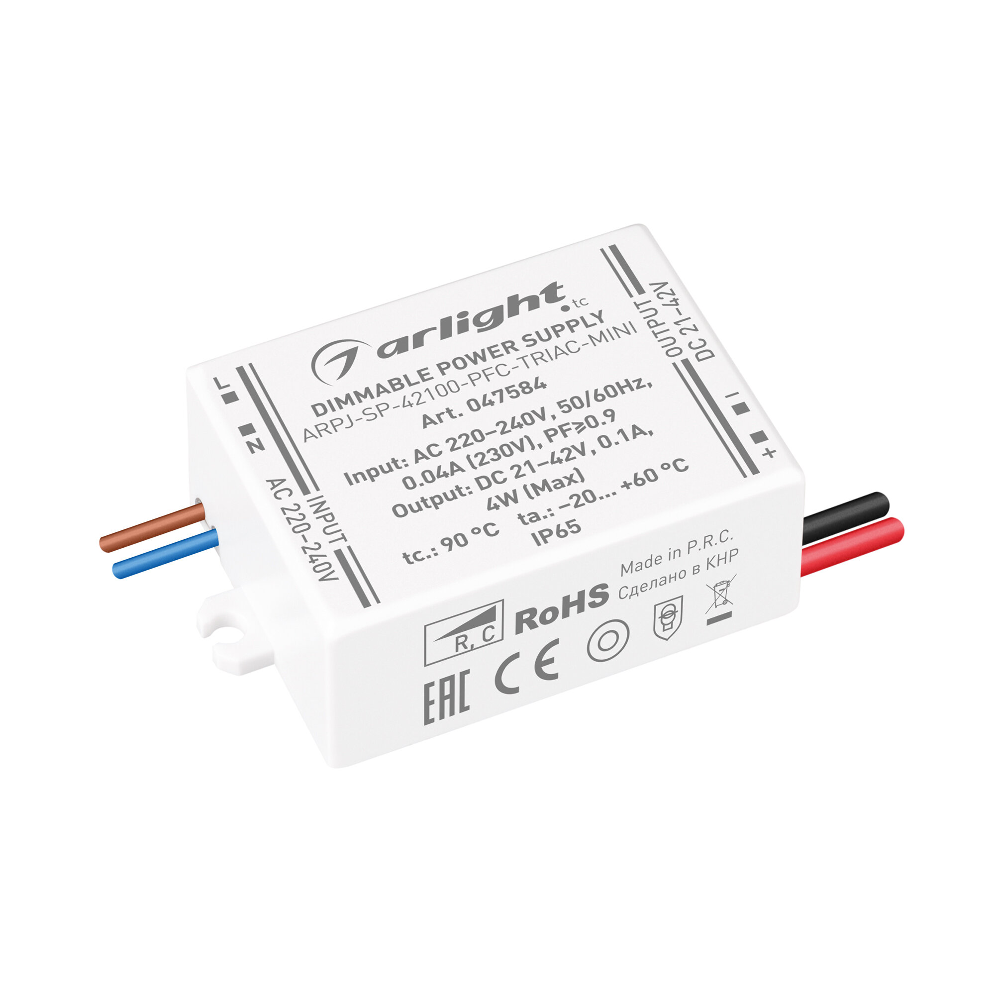 Диммируемый источник тока Arlight Блок питания ARPJ-SP-42100-PFC-TRIAC-MINI (4W, 21-42V, 100mA) (Arlight, IP65 Пластик, 5 лет)